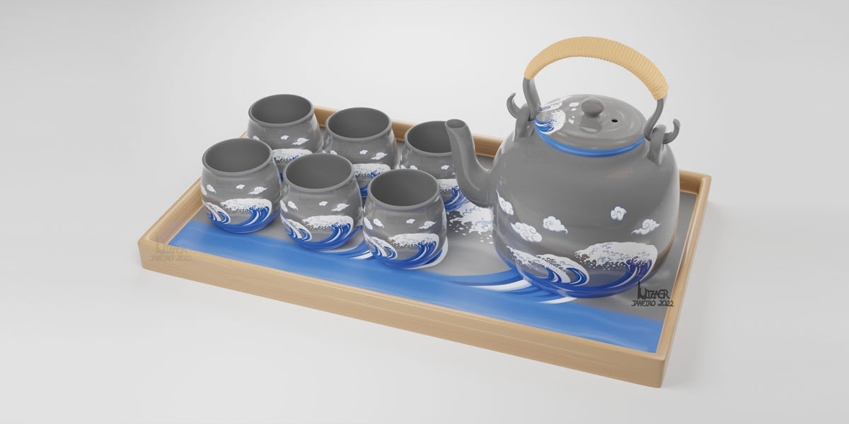 Eastern tea set _ The Great Wave - Blender Market