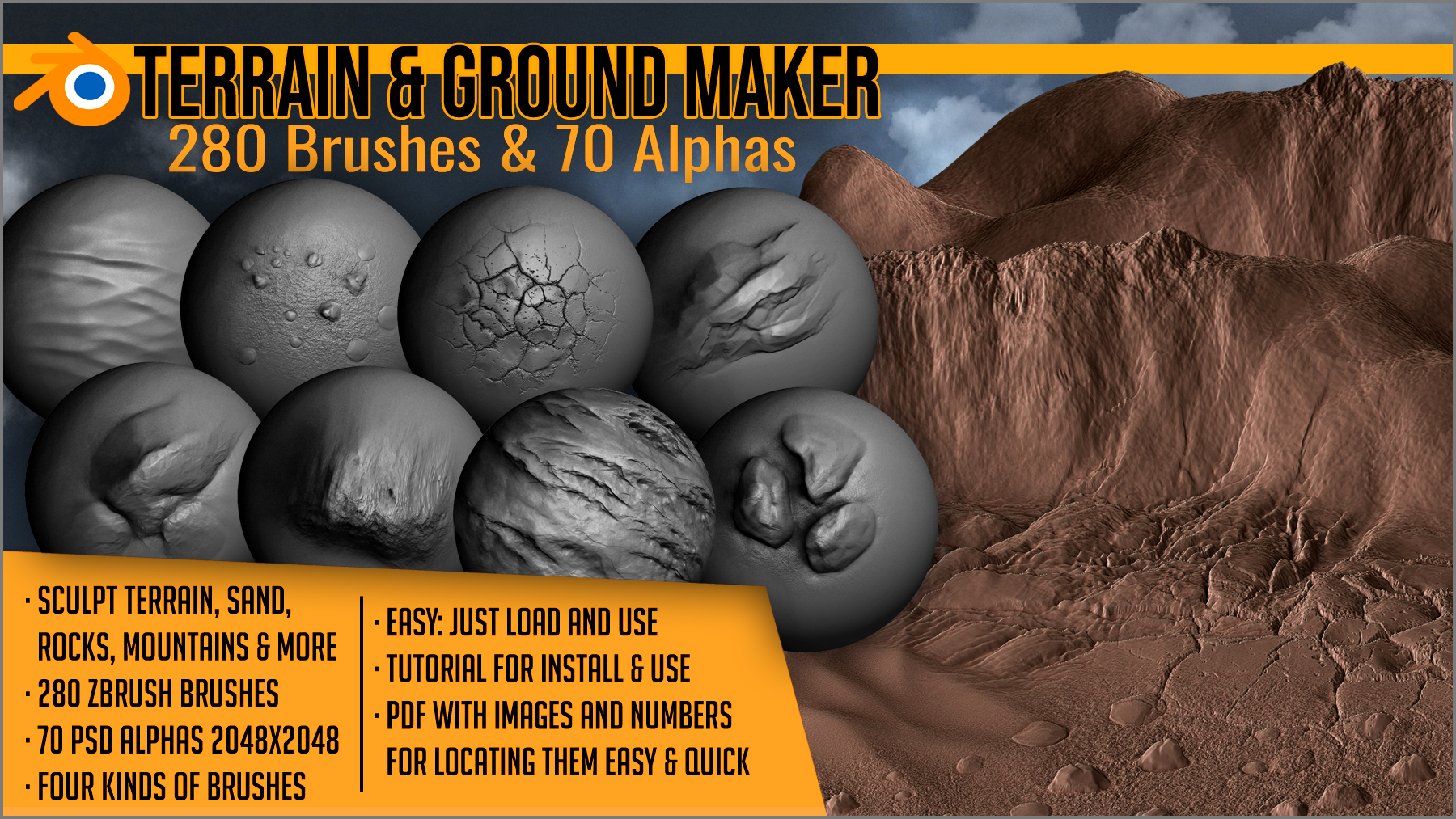 Terrain And Ground Maker 280 ZBrush Brushes and 70 Alphas - Blender Market