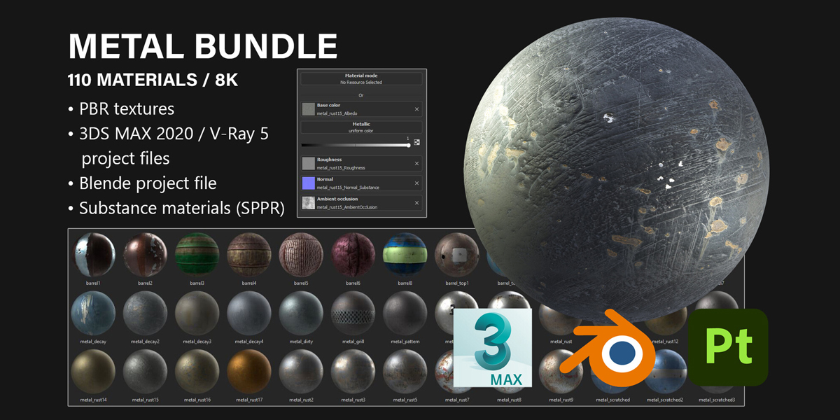 P.B.R Metal Bundle - 110 8K Seamless Textures - Blender Market