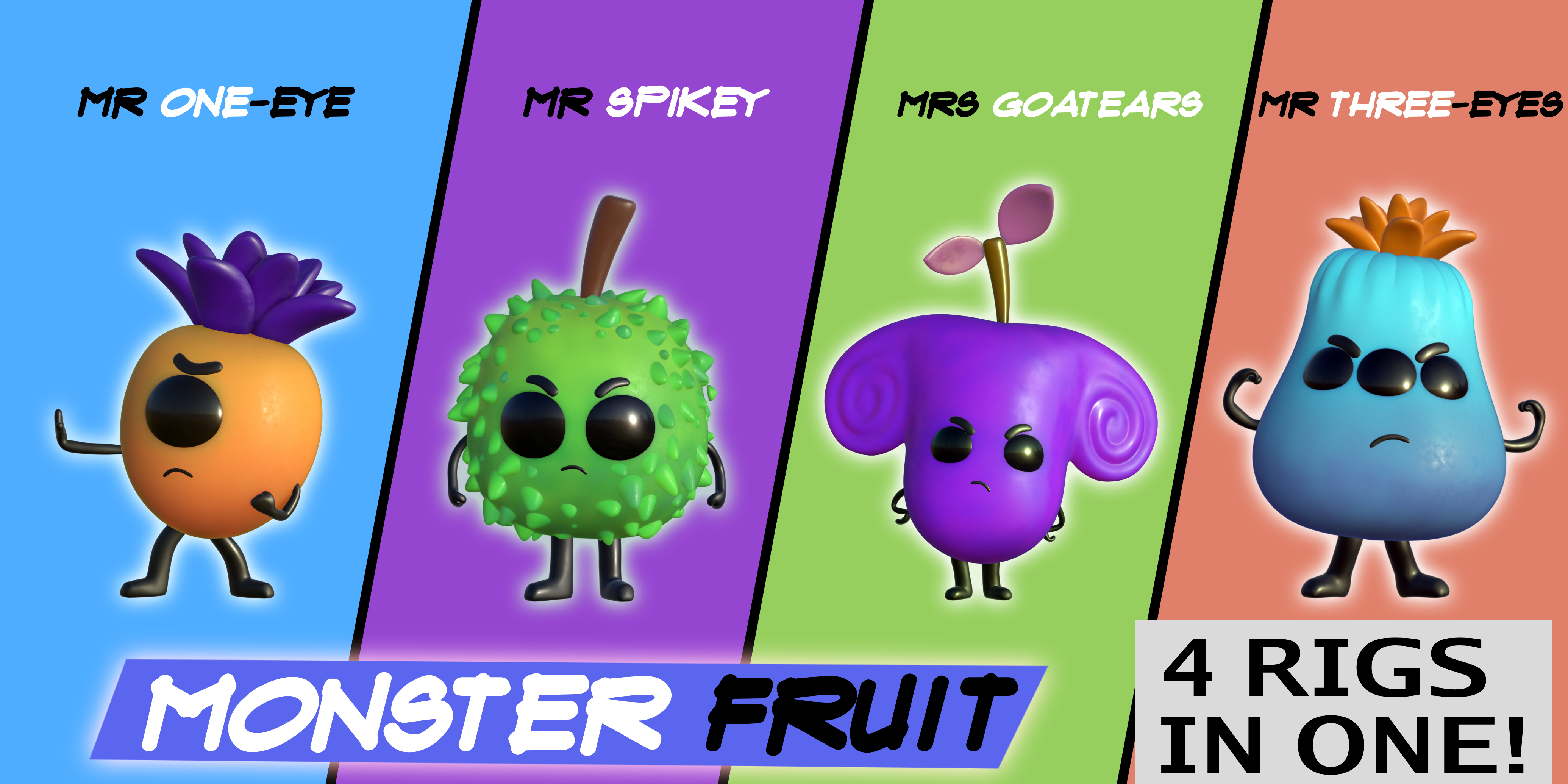 Cute Monster Fruit Character Rigs PACK - Blender Market