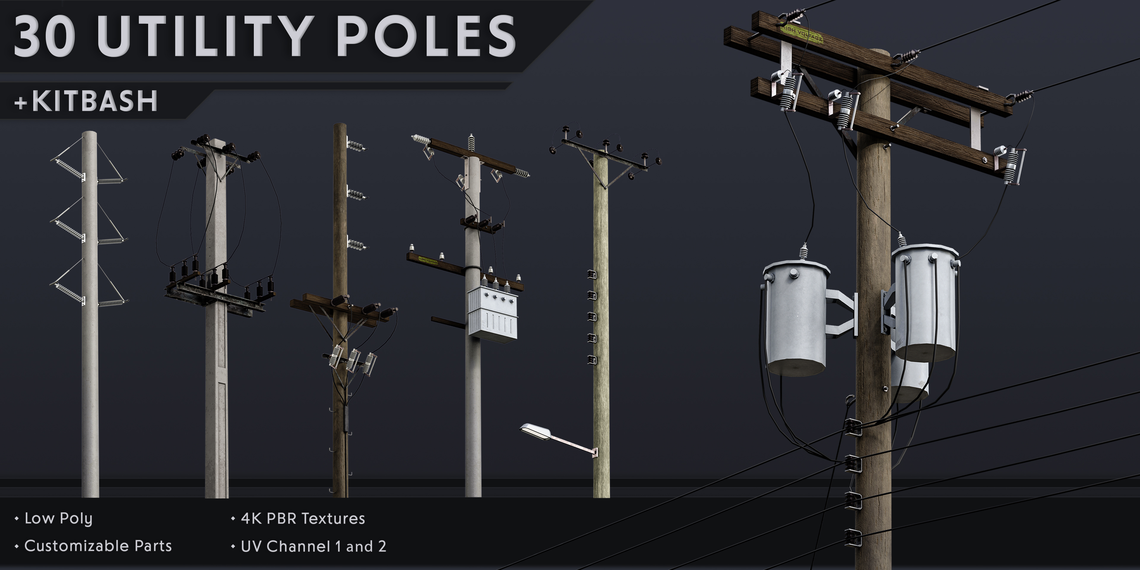 30 Low Poly Utility Poles + Kitbash - Blender Market