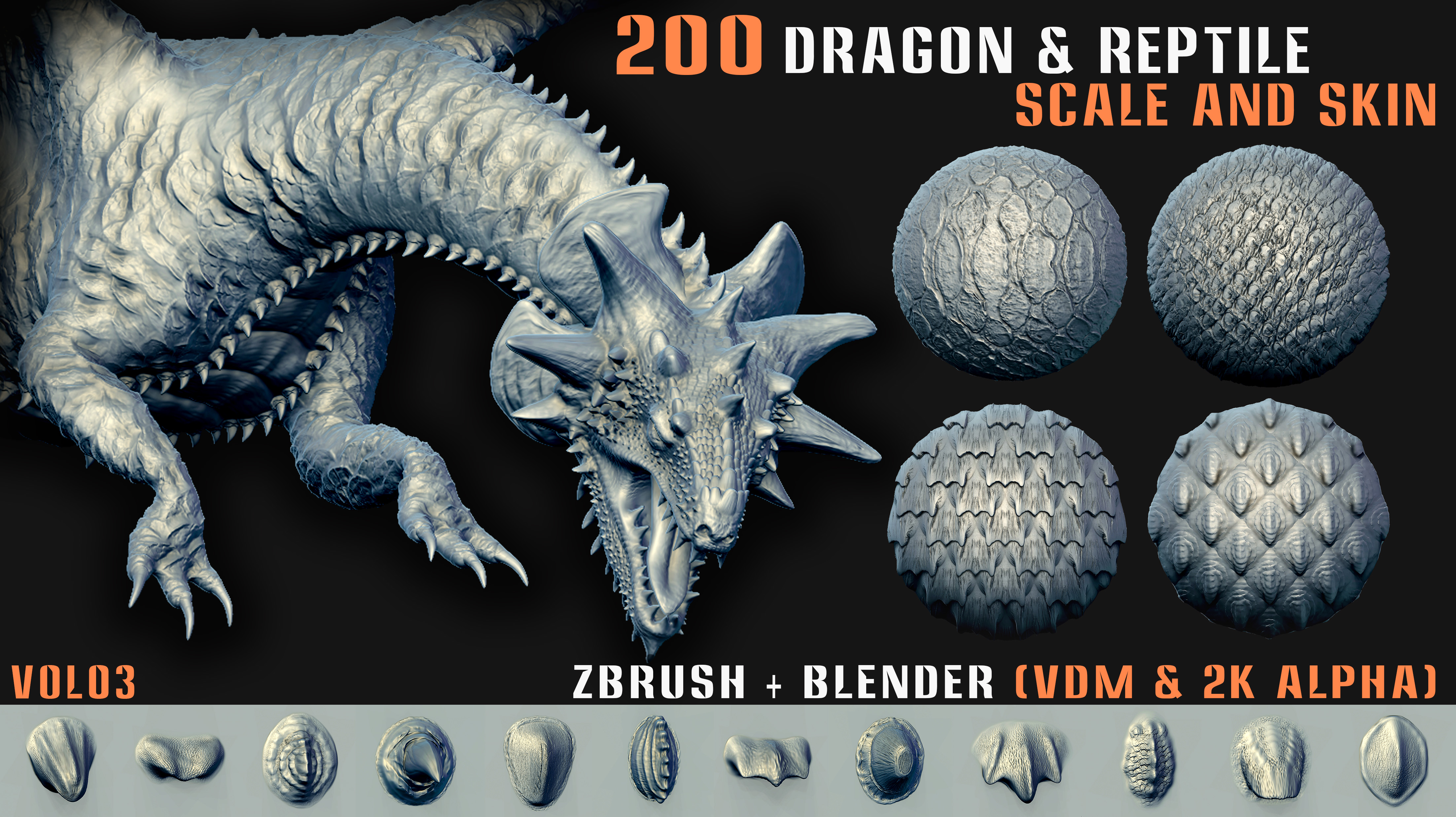 200 Dragon & Reptile Scale and Skin (VDM + Alpha) - Vol.03 - Blender Market