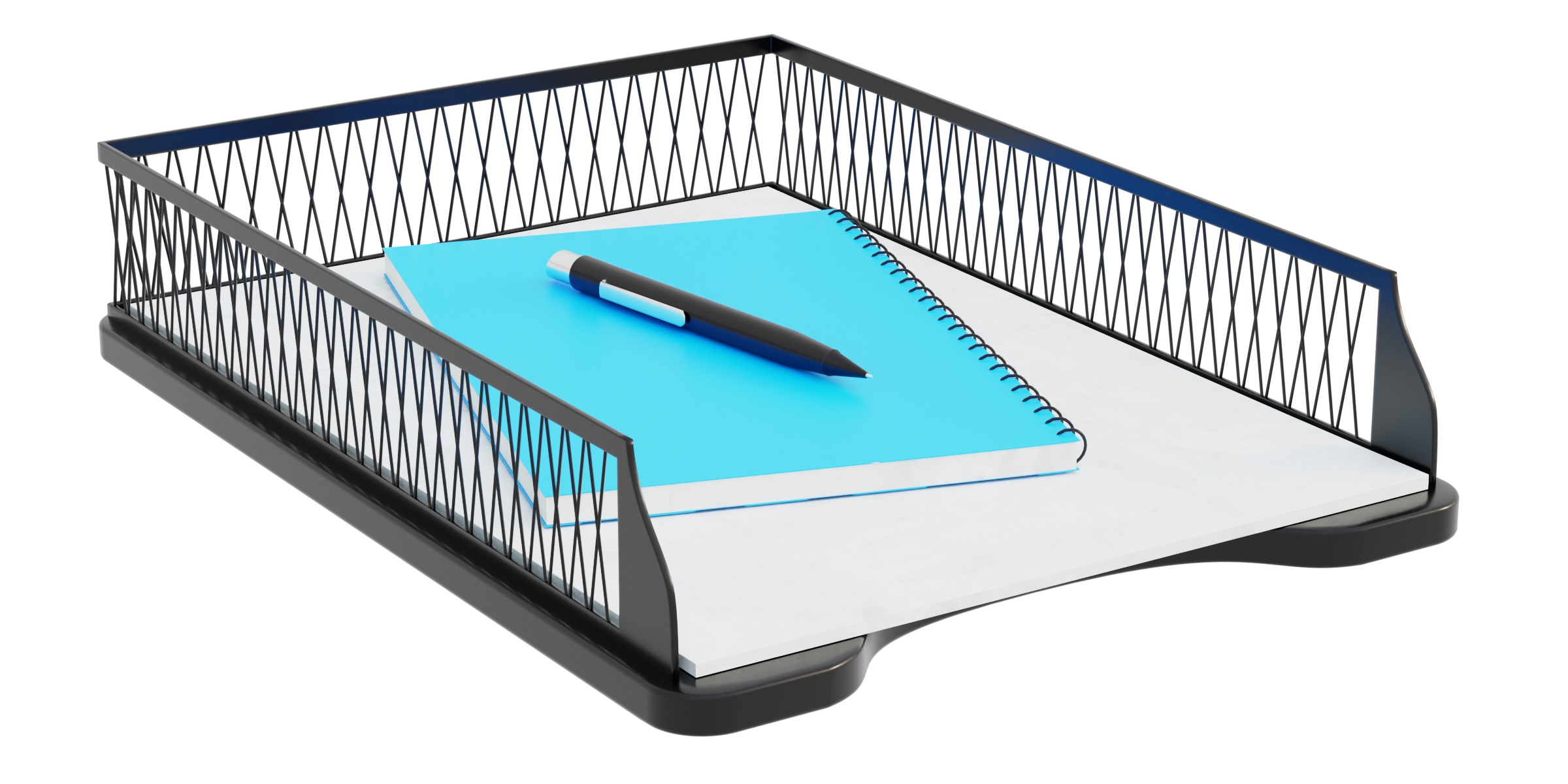 Modern Mesh Document Tray with Blue Notepad and Pen - Blender Market